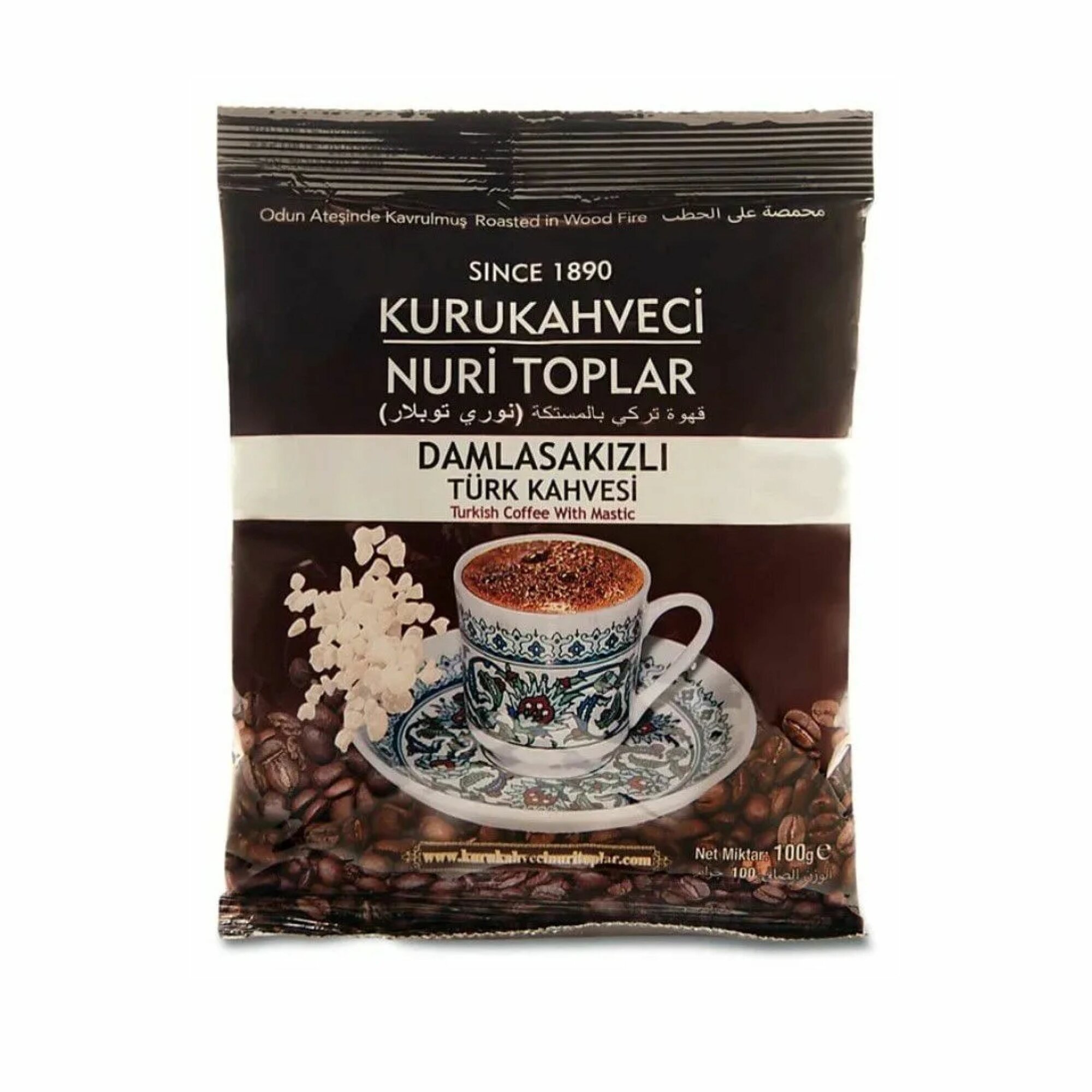 Турецкий кофе мелкого помола, средней обжарки на древесном угле с мастикой, "Kurukahveci Nuri Toplar", Damlasakizli Turk Kahvesi, 100гр.