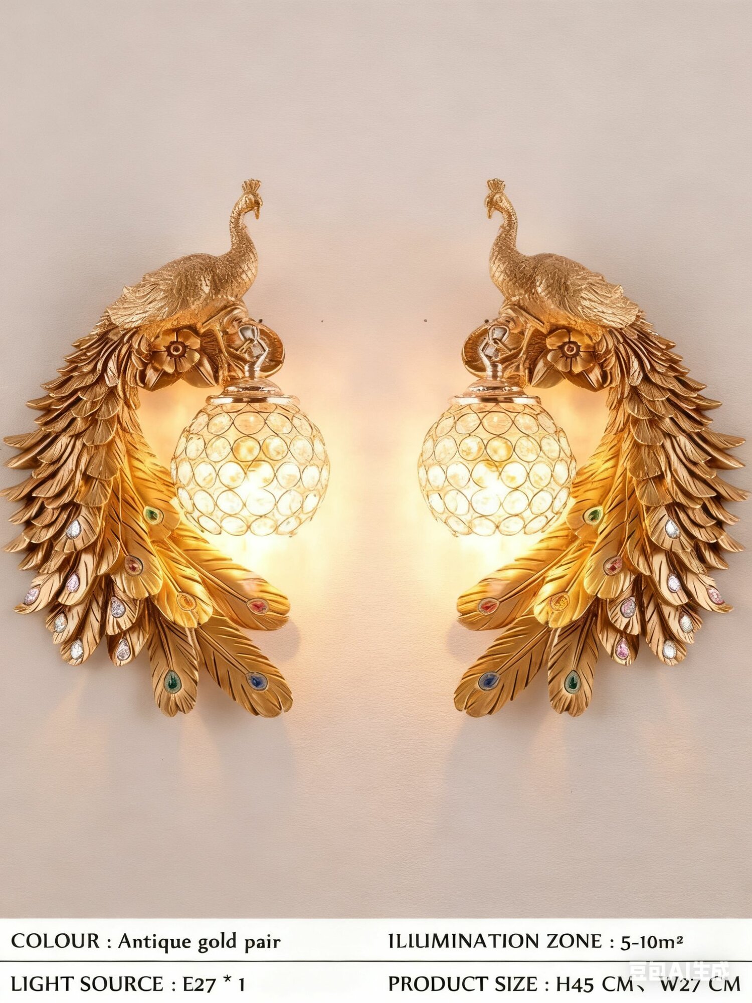 Роскошная парная настенная лампа-бра Павлин с хрустальными шарами и разноцветными стразами, белая с золотом, для гостиной, спальни, прихожей в классическом стиле