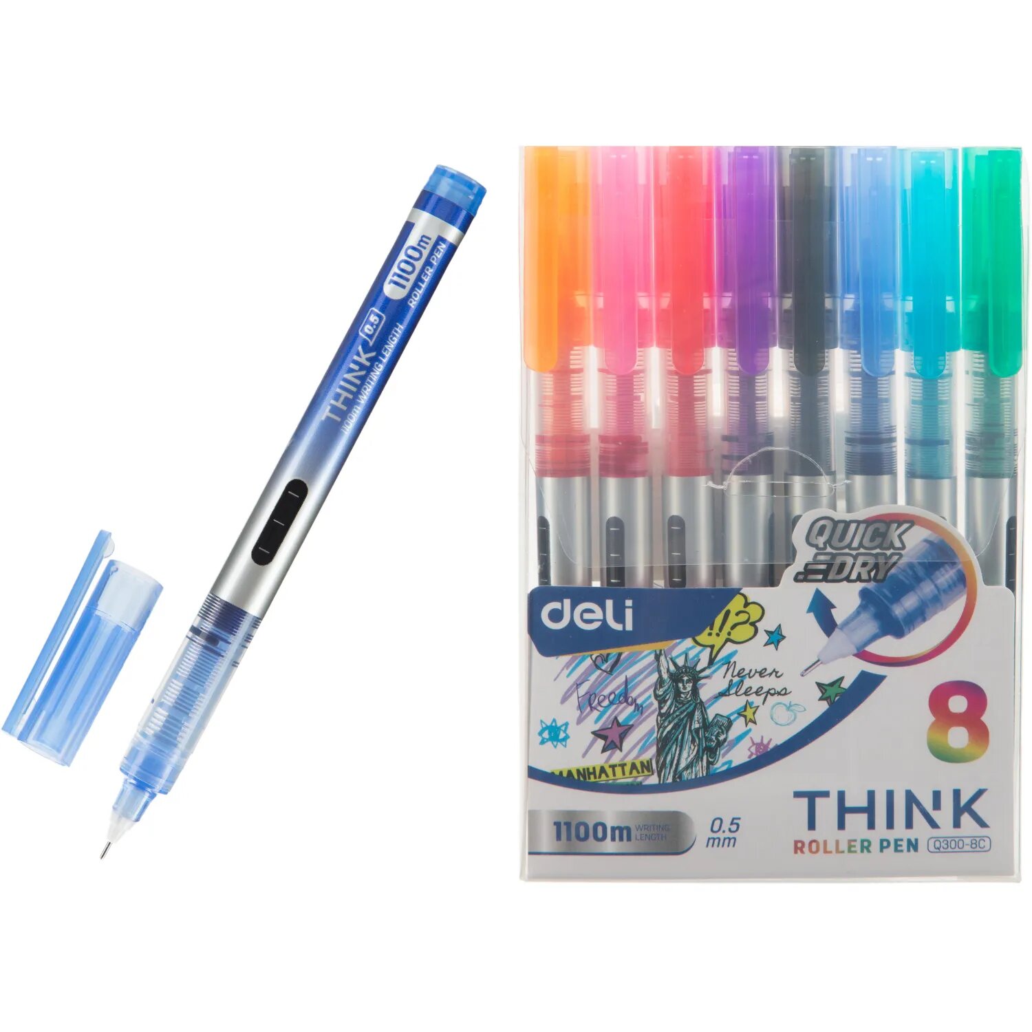 Набор роллеров Deli Think, шарик 0.5 мм, линия 0.35 мм, 8 цветов EQ300-8C
