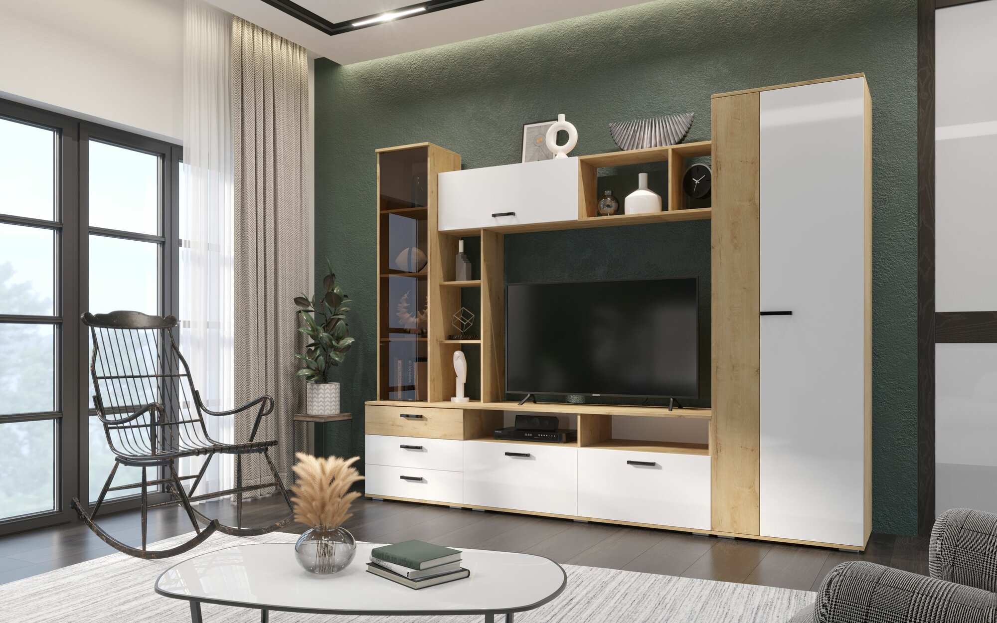 Гостиная Крокус корпус Дуб Вотан + ЛДСП Гостиная Крокус фасад Белый глянец (Эра)