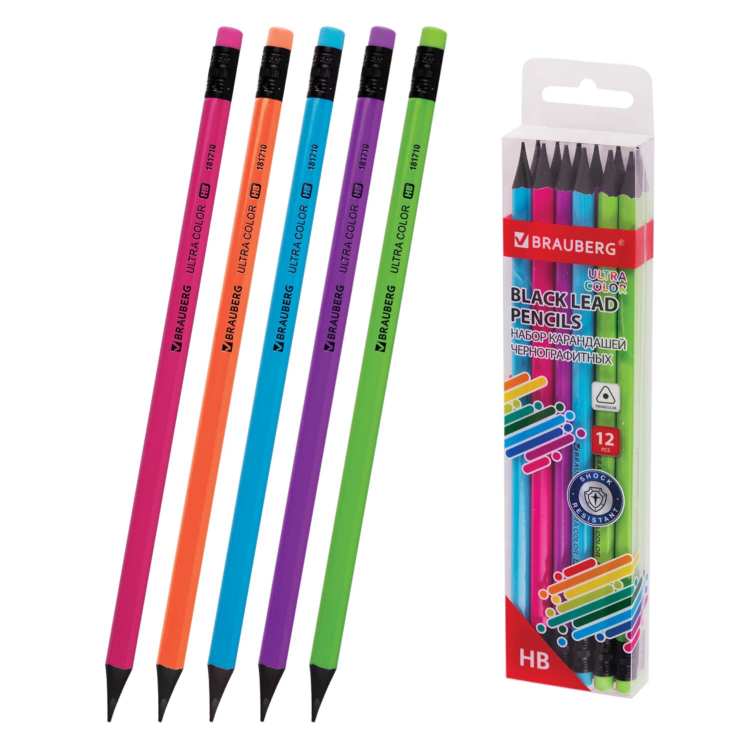 Набор карандашей чернографитных BRAUBERG "ULTRA COLOR" 12 шт, HB, с ластиком, пластиковые, 181710