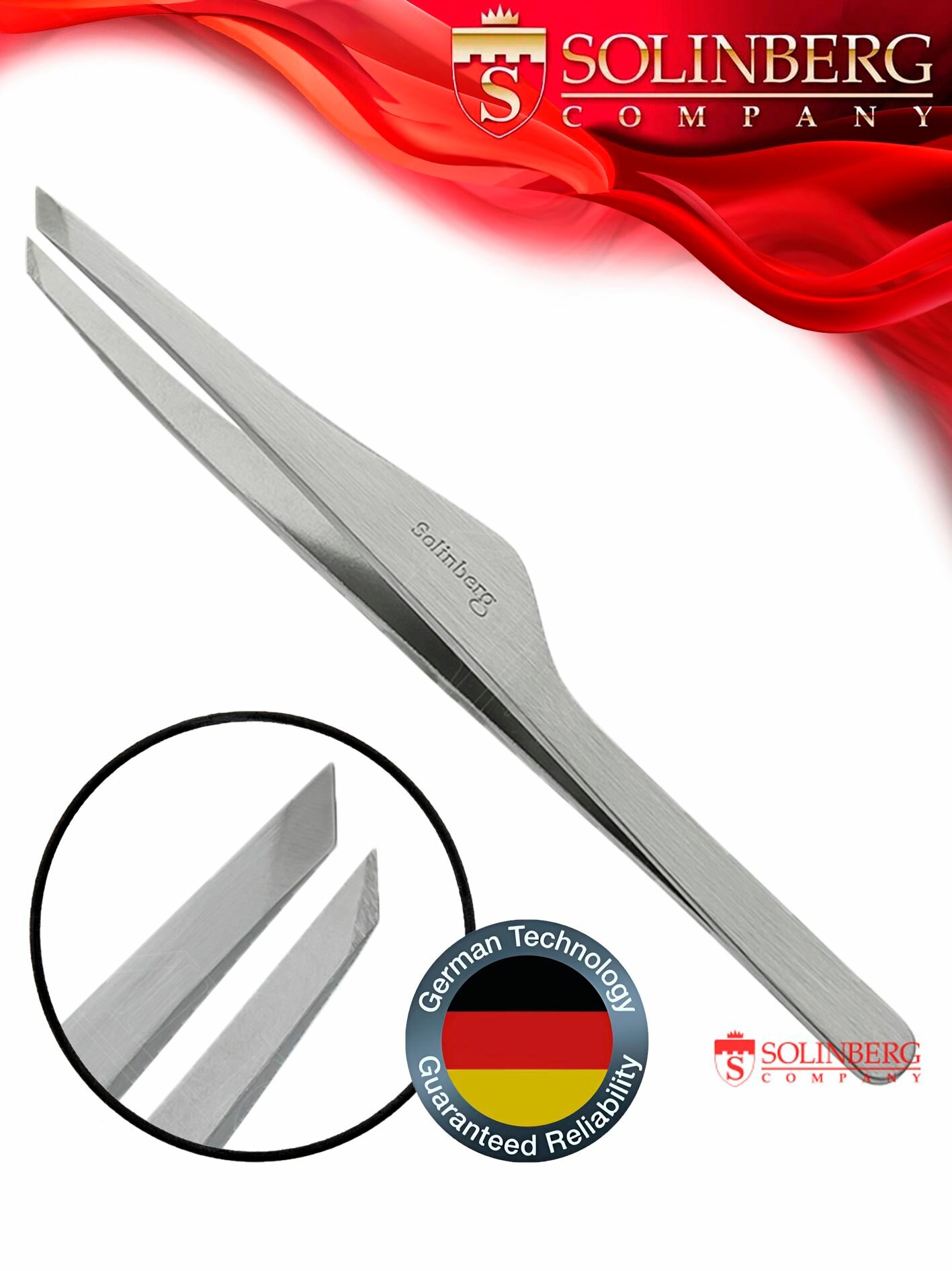 Пинцет для бровей Solinberg G801з скошенный, серебристый (ручная заточка)
