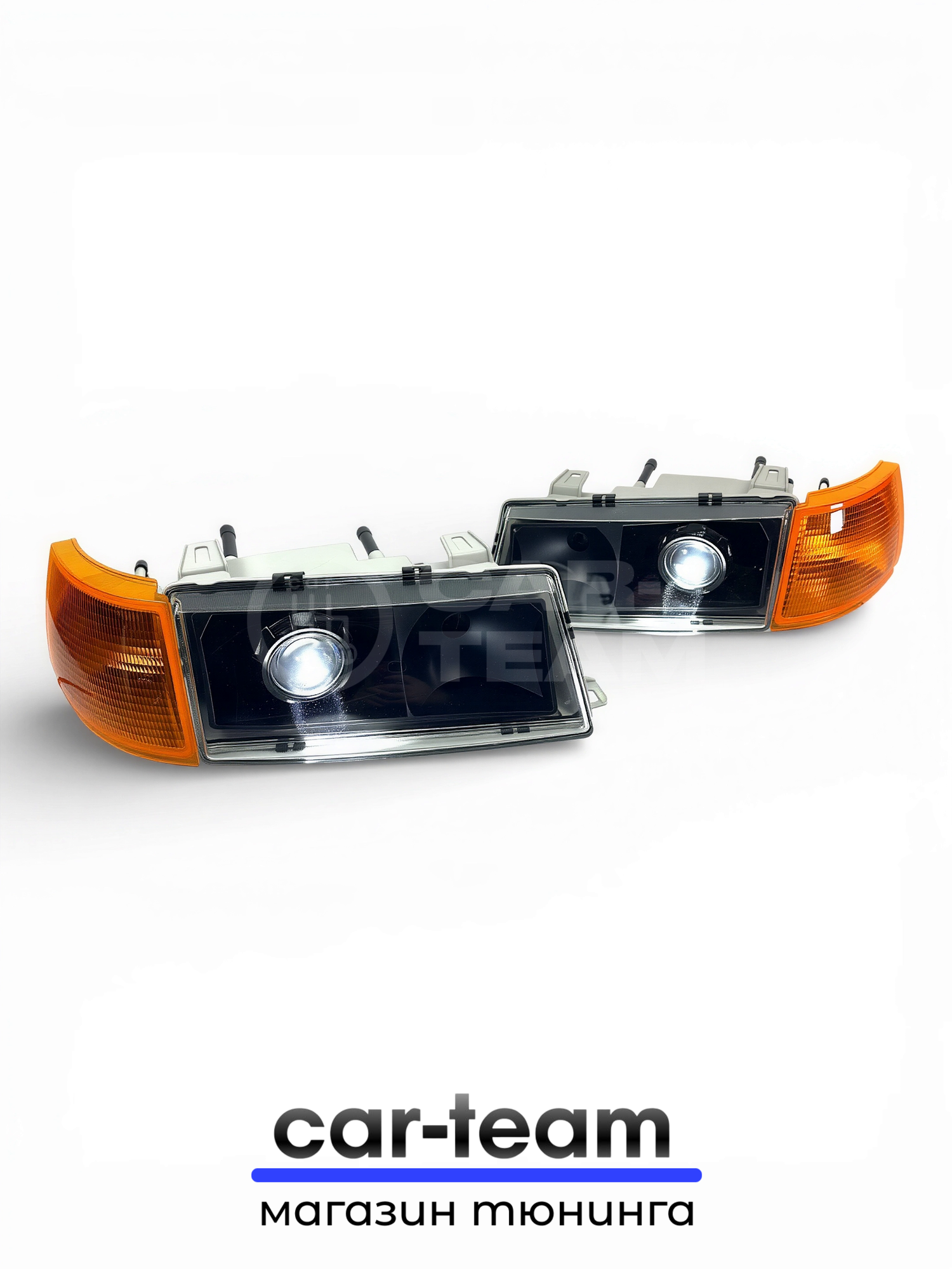 Фары на ВАЗ 2110, 2111, 2112 передние с Bi LED модулями 2.5 дюйма, черная маска, желтые поворотники (под ключ)