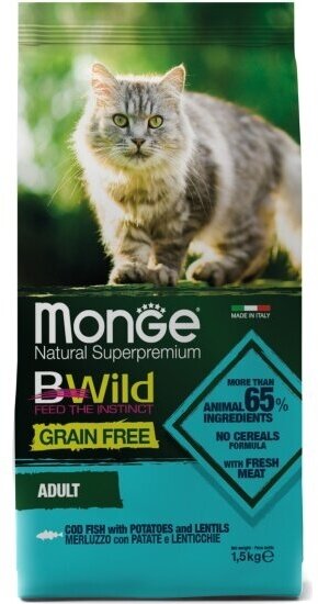Корм сухой Monge Cat BWild GRAIN FREE для взрослых кошек, беззерновой, из трески 1,5 кг