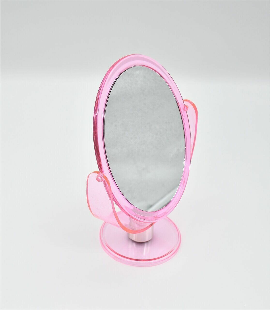 Зеркало настольное овальное 15х14см, двухстороннее, пластиковое на ножке, розовое