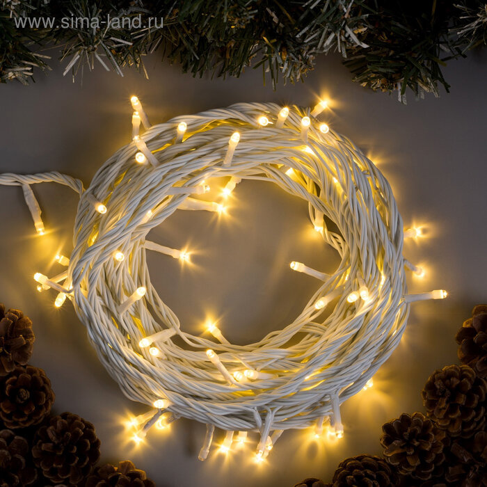 Гирлянда Нить 10 м, IP44, УМС, белая нить, 100 LED, свечение тёплое белое, 220 В