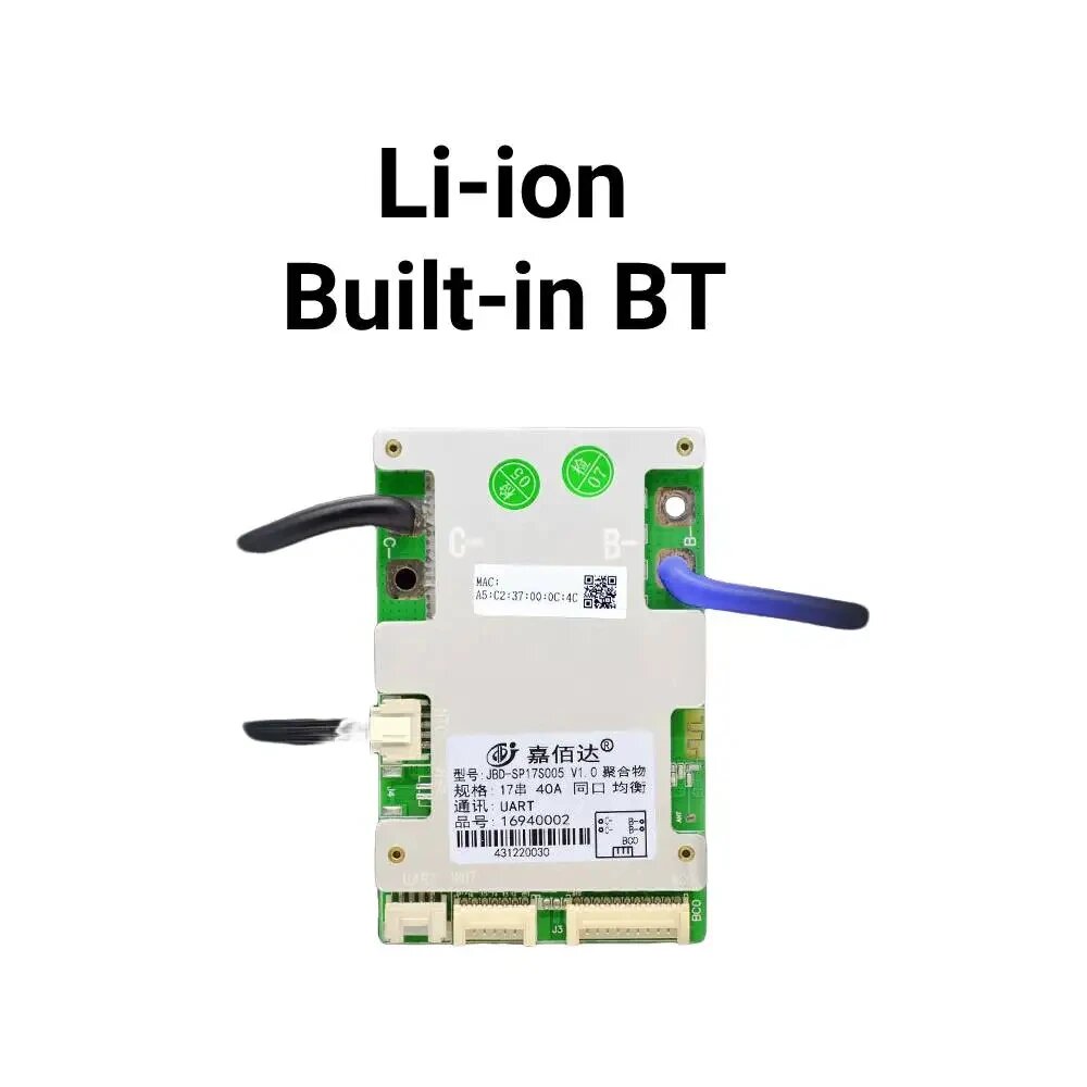 JiaBaiDa Smart BMS для литиевых аккумуляторов 10-17S 36-60В 20-120A 50A Build-in BT, 10S-17S NMC
