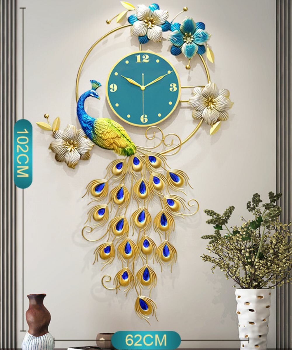 Часы настенные большие бесшумные павлин со стразами дизайнерские в зал, гостиную, спальню,102*62см