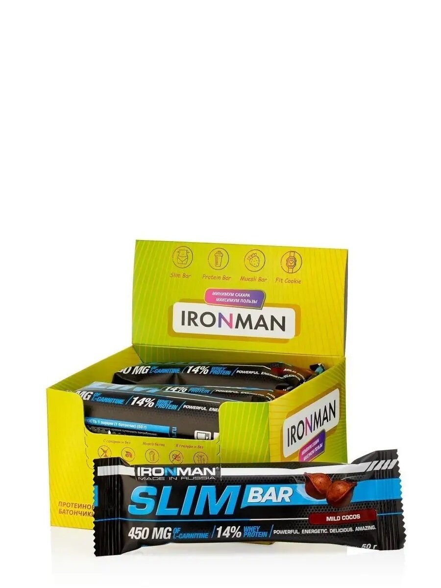 Протеиновые батончики IRONMAN SLIM BAR, с L-карнитином, кокос 12 шт
