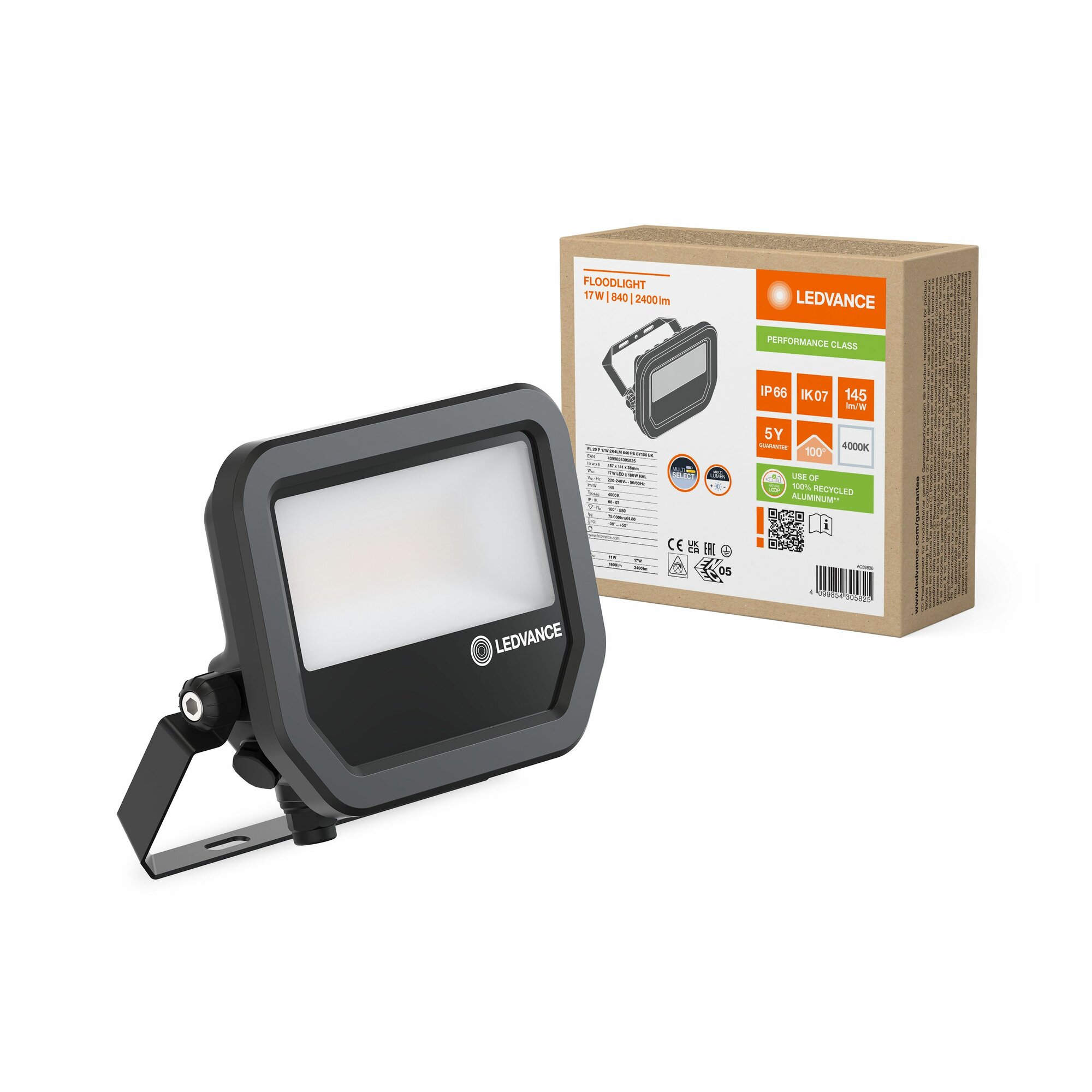Прожектор LED 17W 2K4lm Кабель 1м. 4000К Свет Дневной белый Черный корпус IP66 2400lm Кабель 1м. FLOODLIGHT 20Р LEDVANCE, уп. 1шт