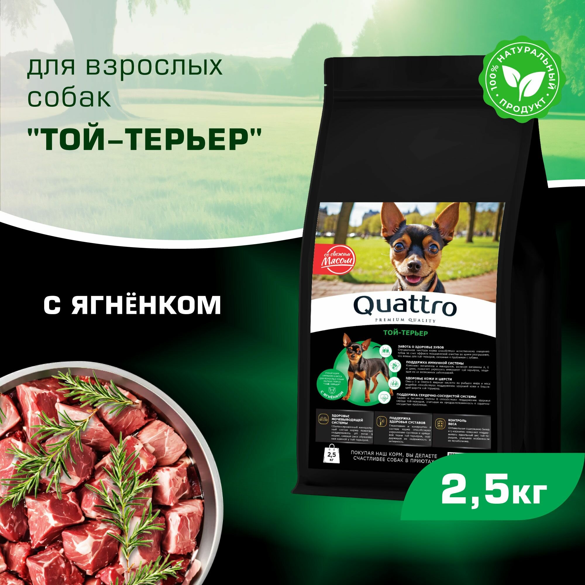 Quattro корм для взрослых собак породы Той-терьер, с ягненком 2,5 кг