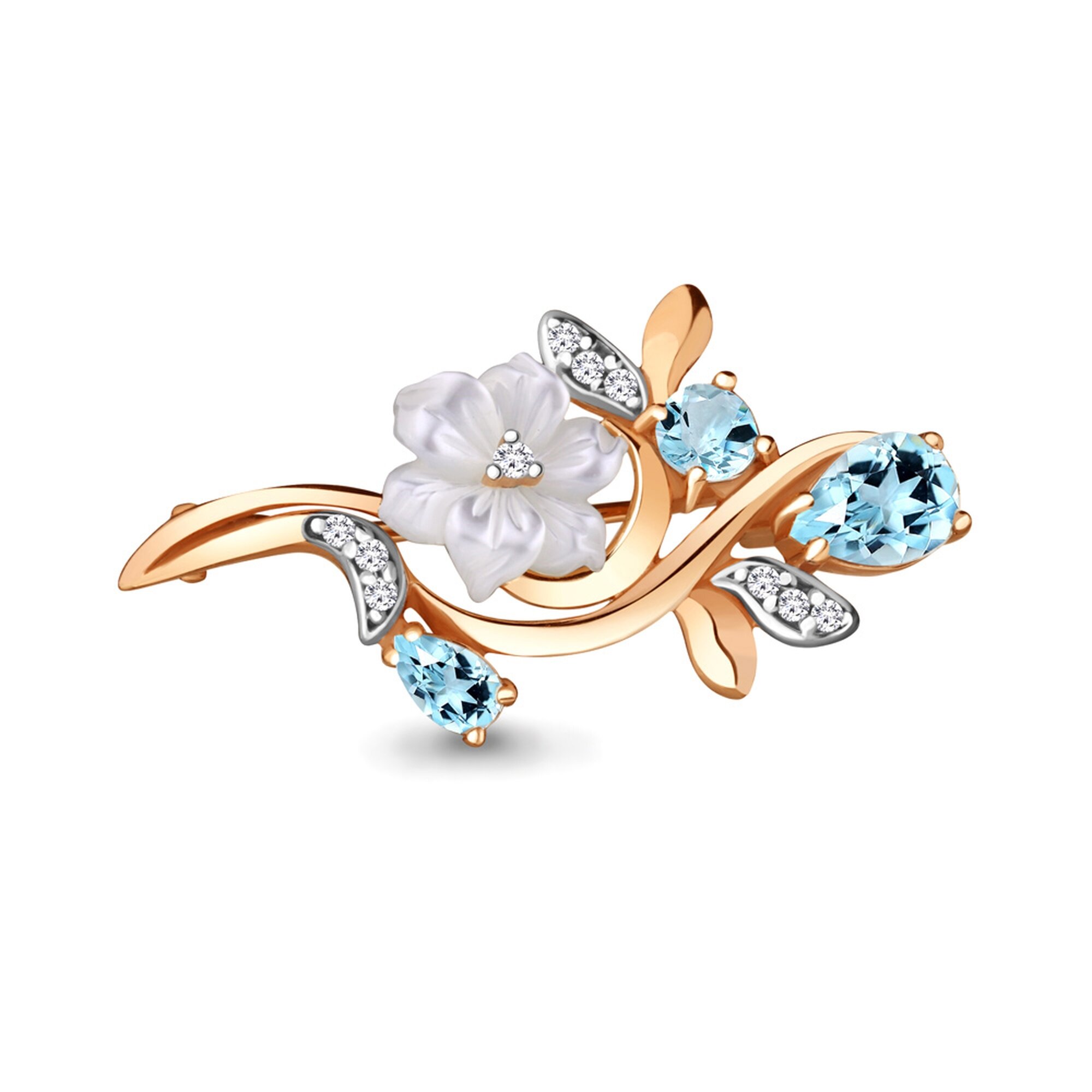 Брошь, серебро, 925 проба, золочение, перламутр, фианит, топаз