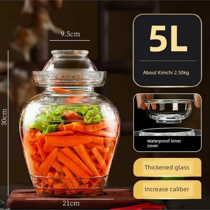 GEALFIS Кадка для засолки стеклянная 5 л, с герметичной крышкой и краном, боросиликатное стекло, для овощей и грибов, 1 шт