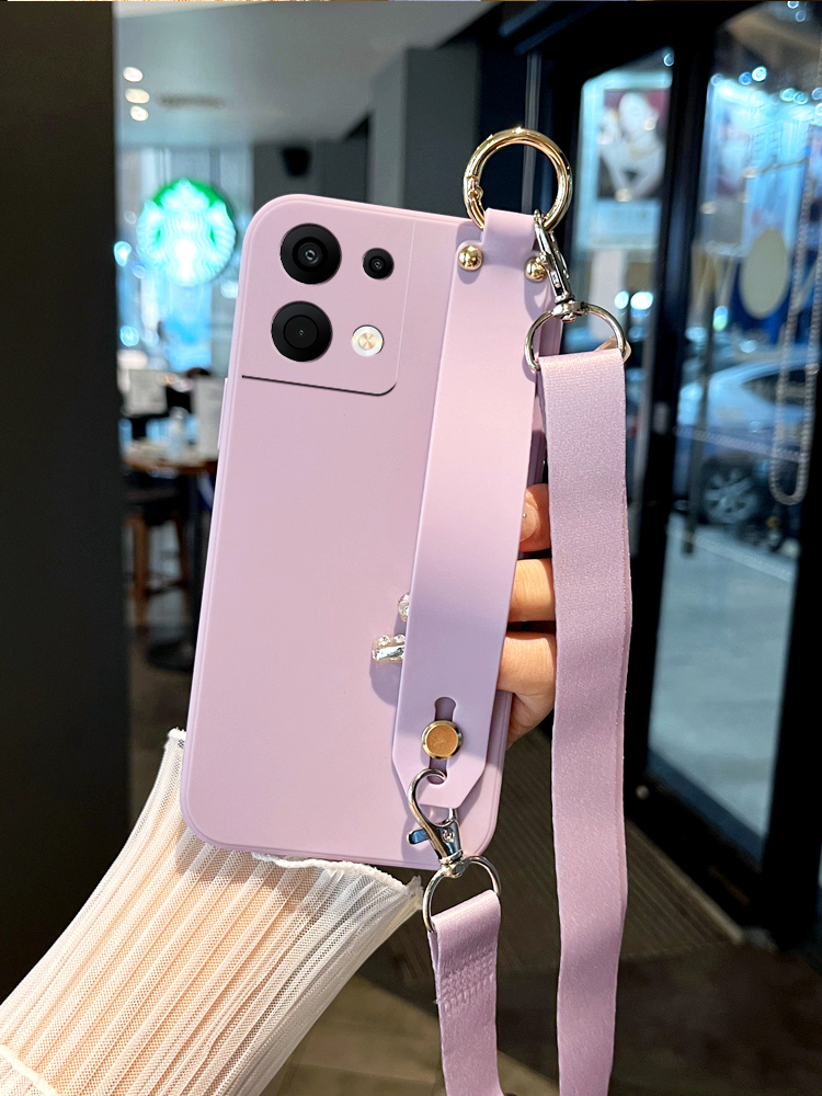 OPPO Reno9 Мятный пурпурный чехол с запястным ремнем и бесплатным ремнем для мобильного телефона