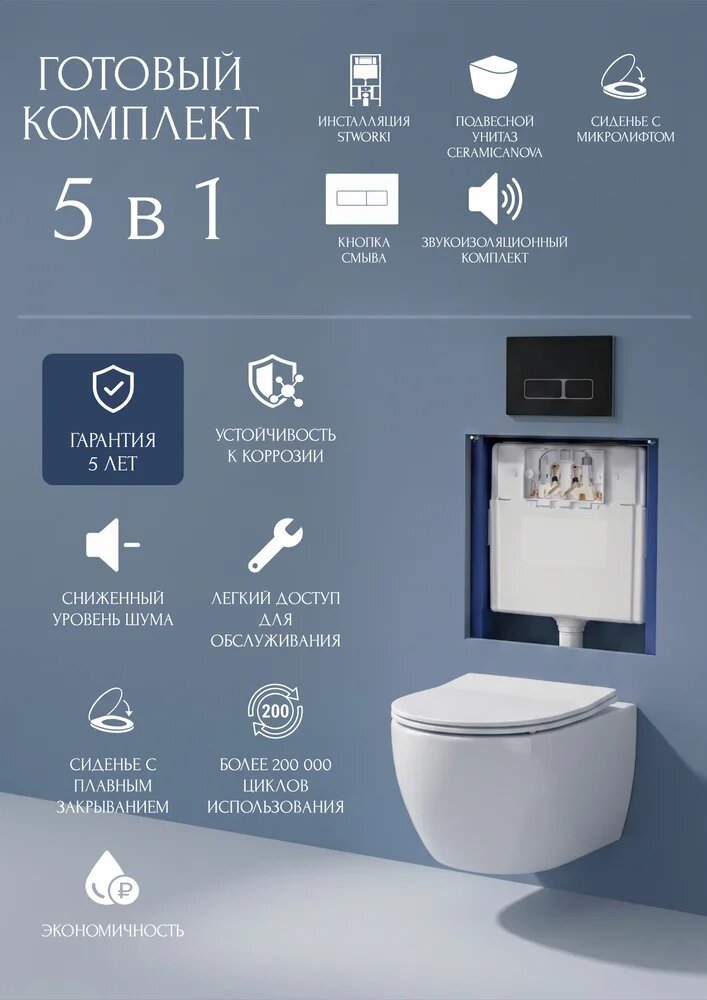 Комплект 5 в 1: Инсталляция STWORKI Кронборг S28500BK / Унитаз подвесной Ceramicanova Игра (Play) CN3001 / Комплект шумоизоляции, Кнопка матовая черная