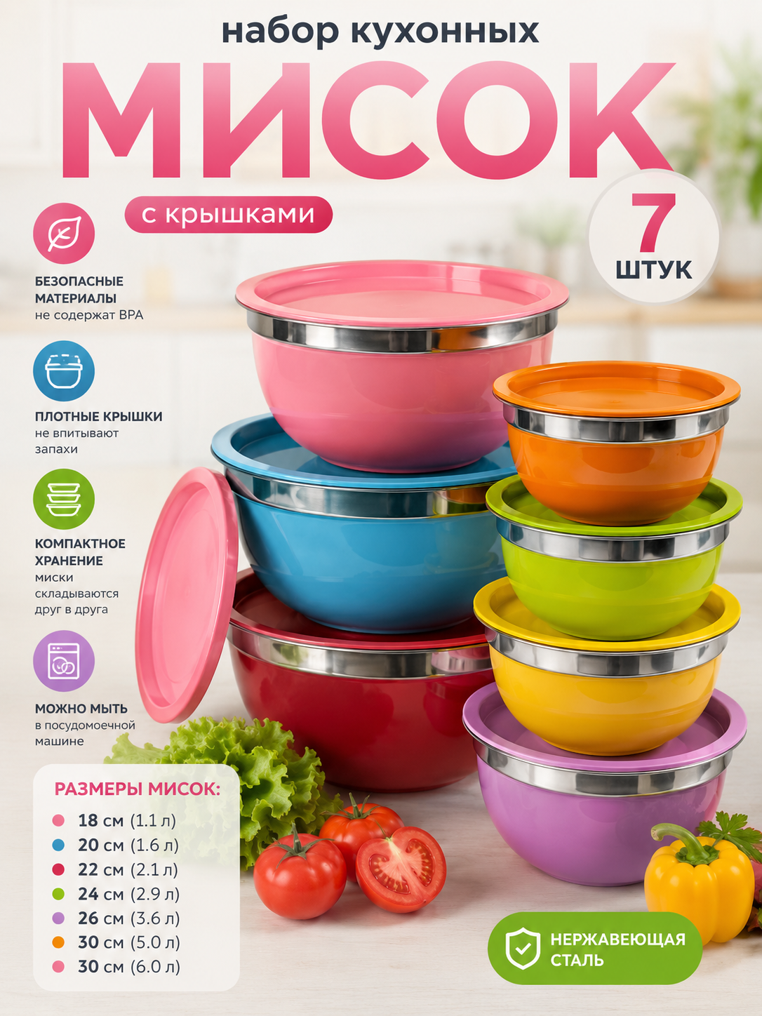 Набор мисок 14 предмет, Набор мисок 7шт , миска для кухни из нержавеющей стали