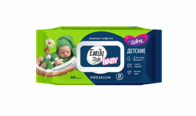 Emily Style Влажные салфетки Премиум, десткие, гипоаллергенные, 60 шт в уп