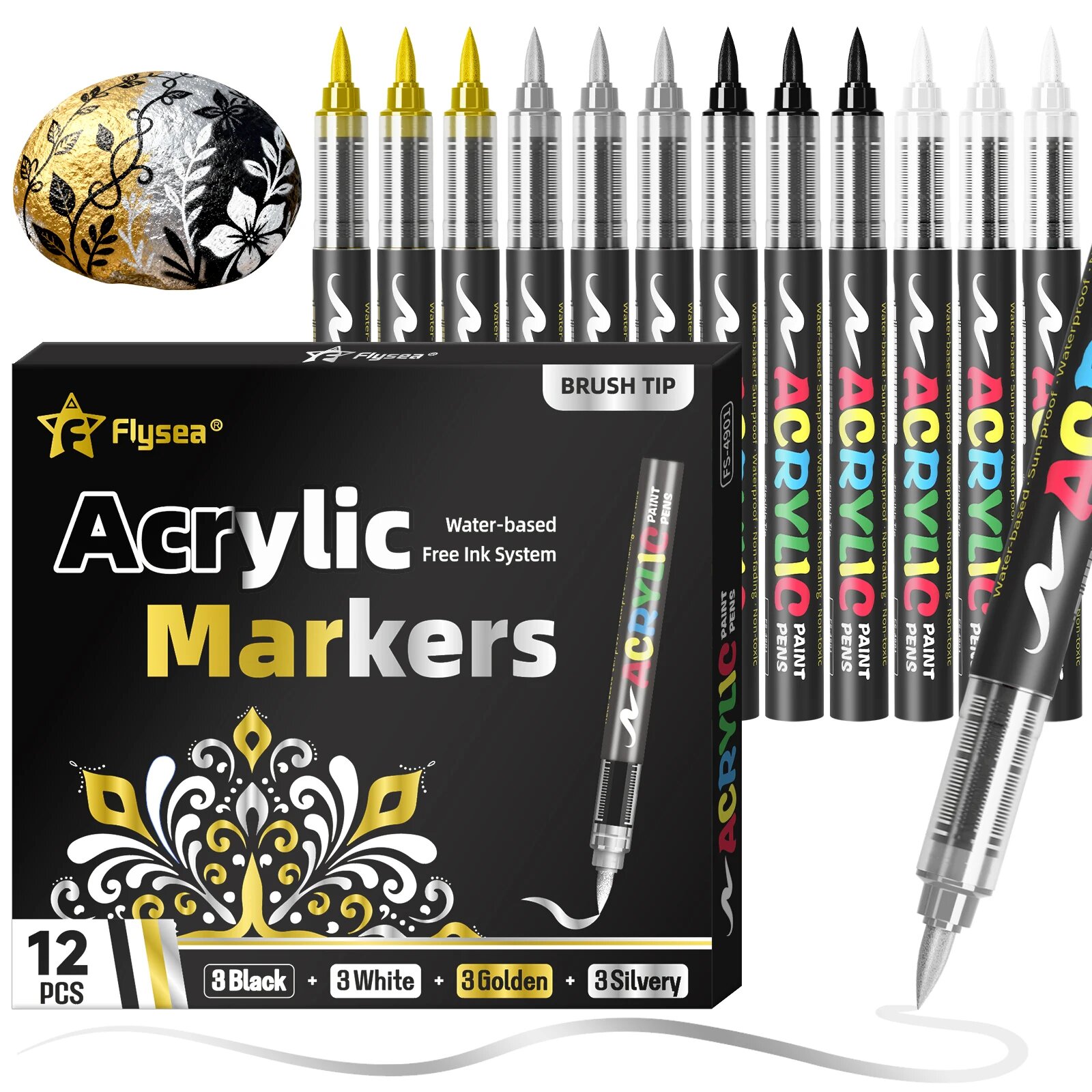 Маркеры акриловые 12 шт. золотые, серебряные, черные, белые 12pcs 4Color Set