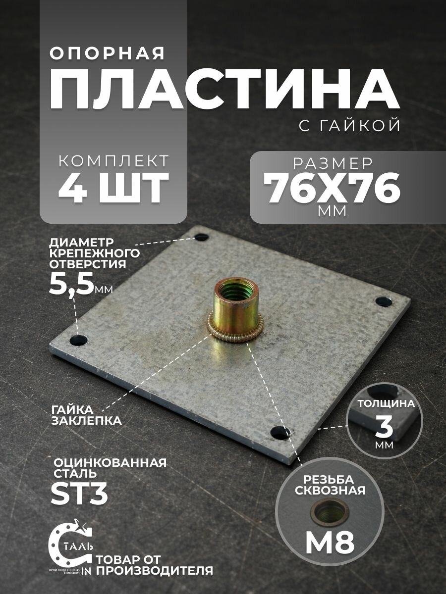 Пластина монтажная, опорная с гайкой м8, универсальная. 76х76х3 мм (4 шт)