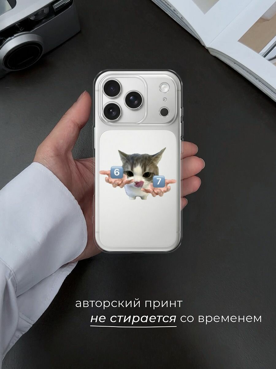 Чехол на Apple iPhone 17 Pro / Айфон 17 Про с принтом Мем 67 с котиком, прозрачный — фото 1