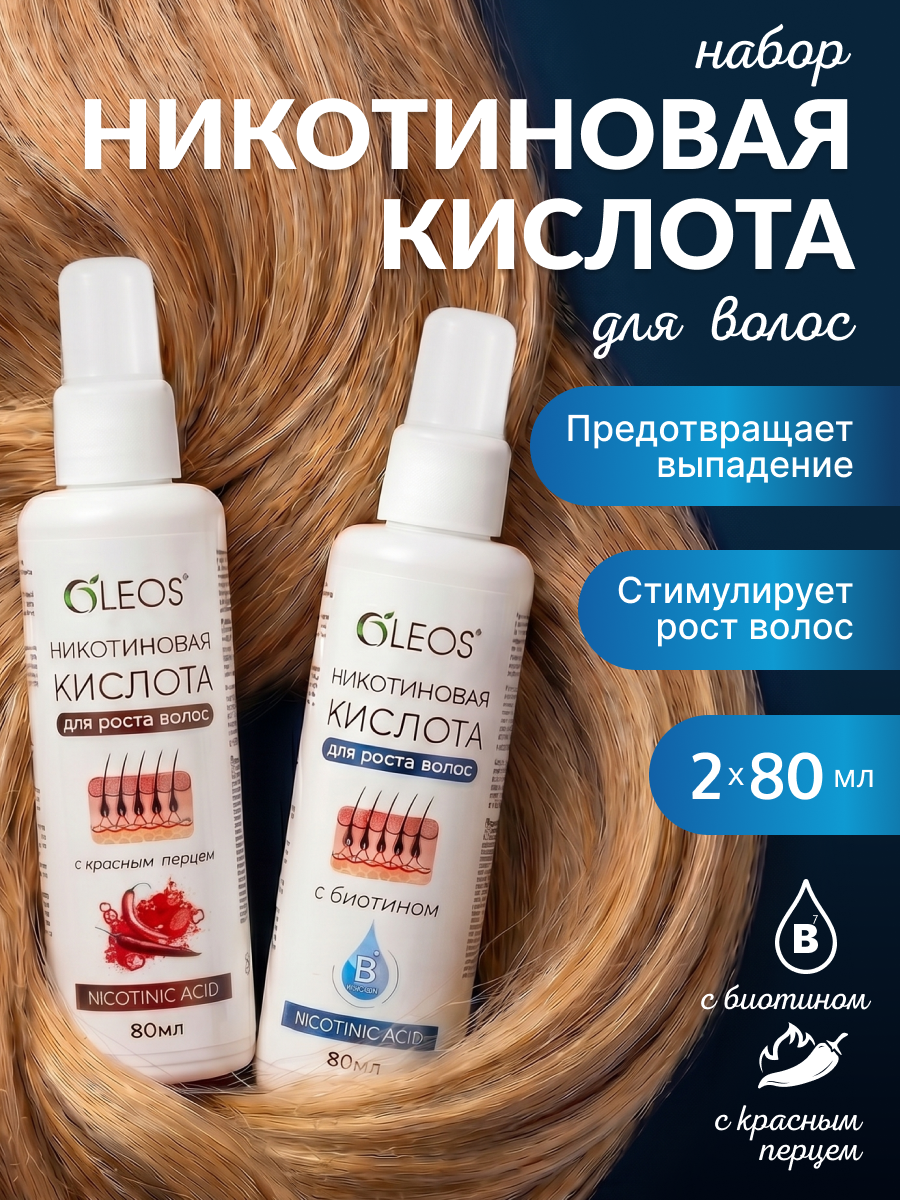 Никотиновая кислота для роста волос с биотином и красным перцем, 2*80 мл