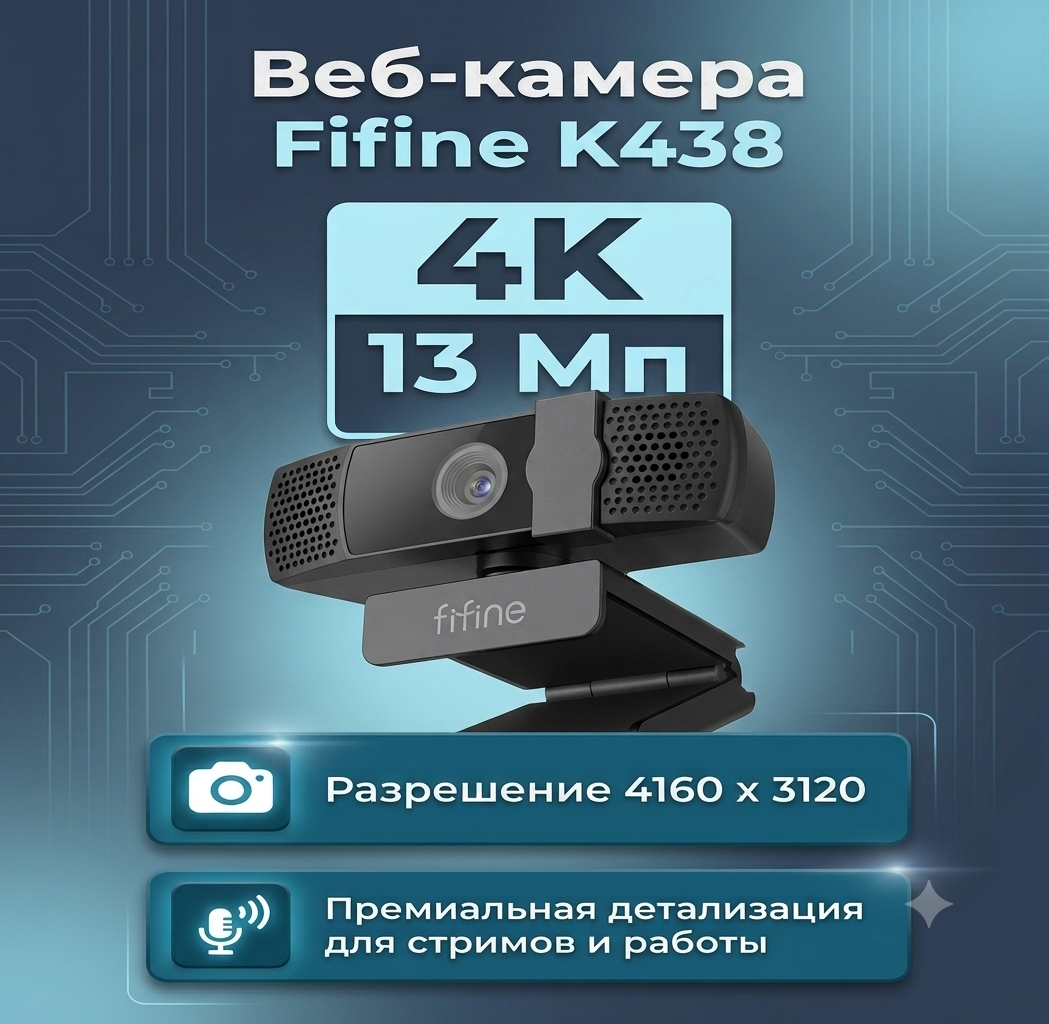 Веб-камера Fifine K438, 4К, 13 Мп, USB 2.0, поддержка Windows, Mac, Linux