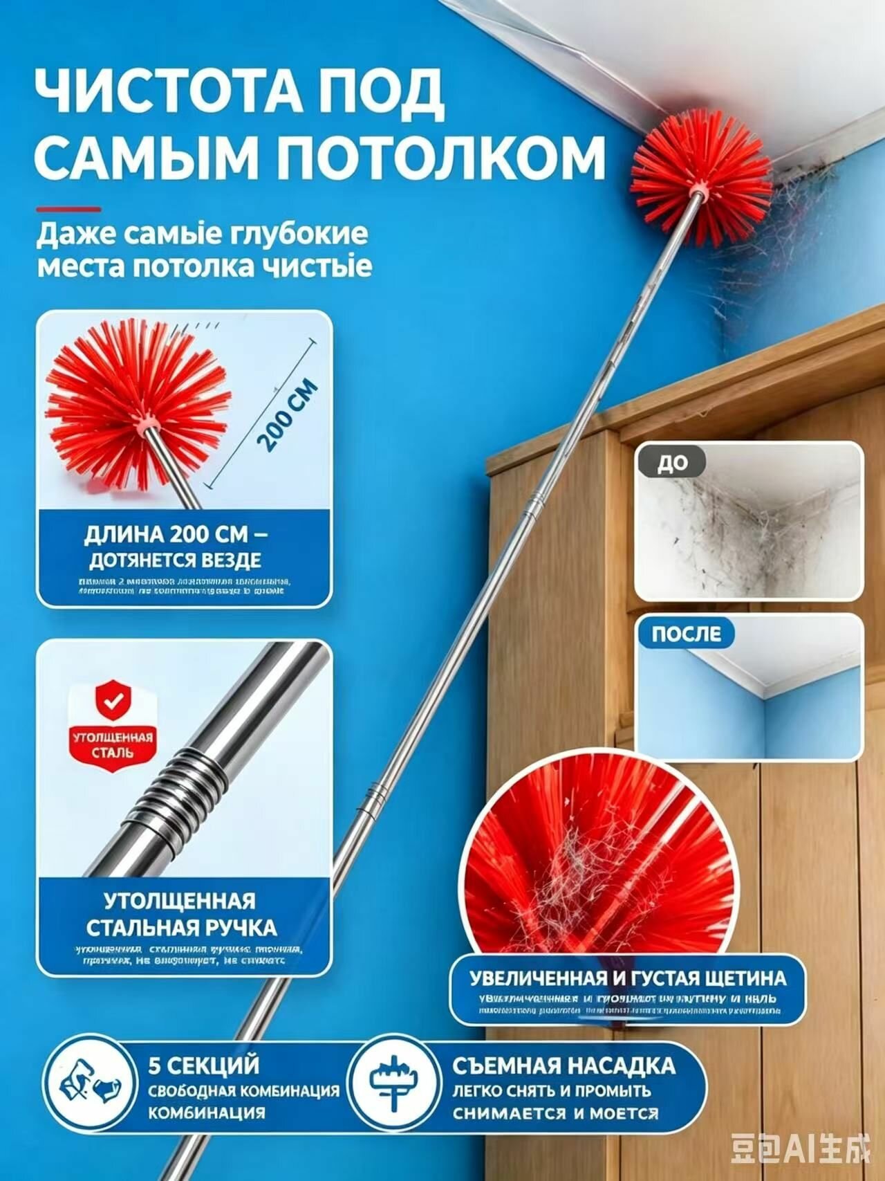 Пипидастр, 1 шт, 2.2m, Очистка без труднодоступных мест, Быстрая установка