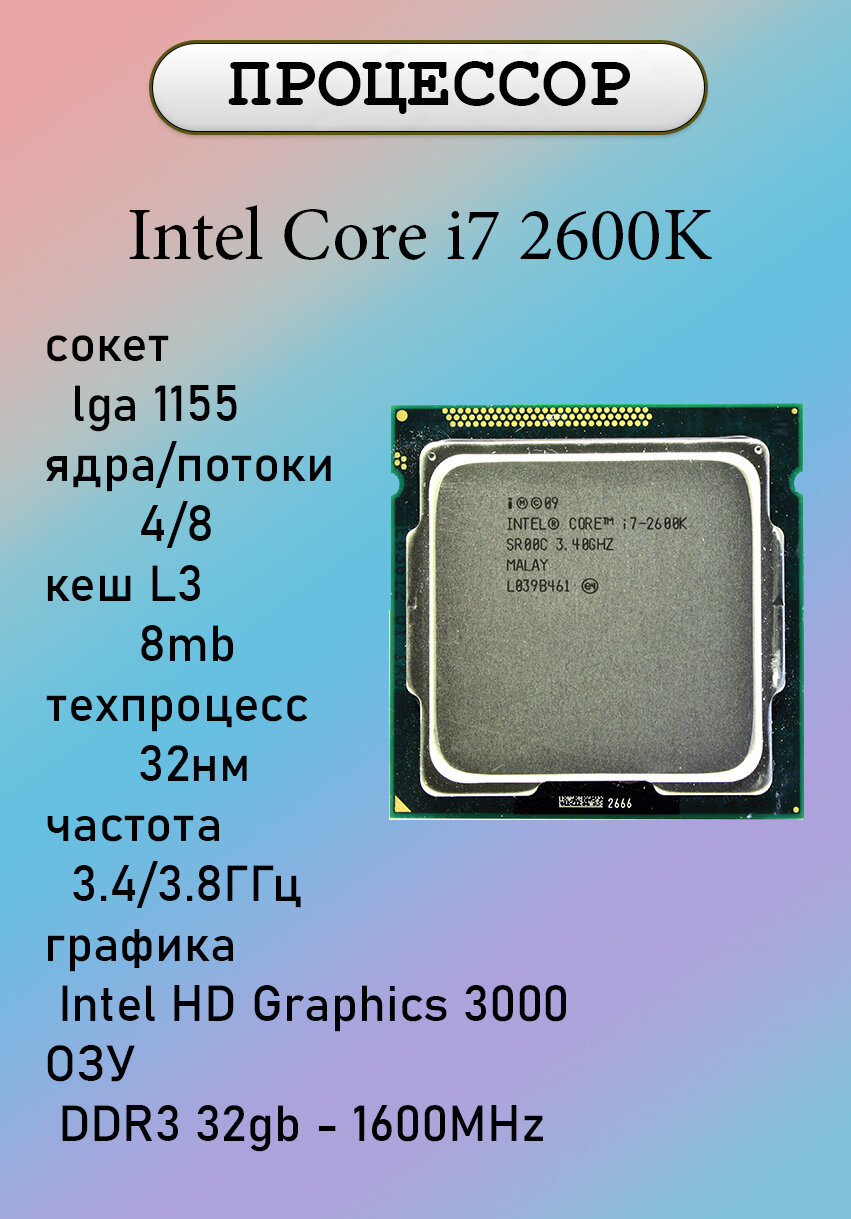 Процессор Intel Core i7-2600K Sandy Bridge LGA1155, 4 x 3400 МГц, OEM