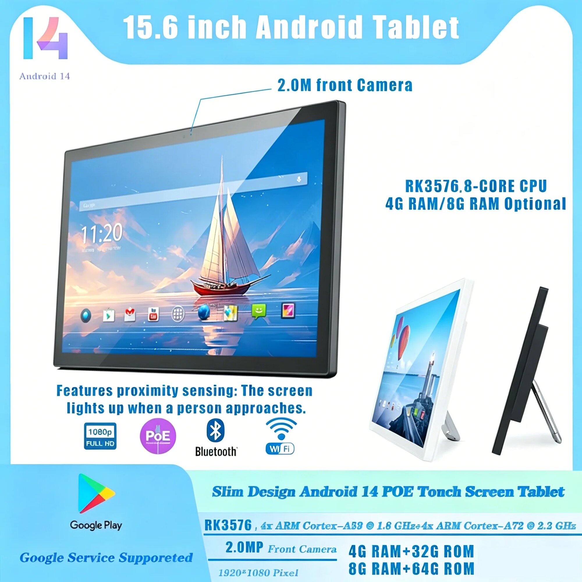 Планшет Android POE диагональю 15,6 дюймов с сенсорным экраном IPS, камерой, HDMI-выходом, WiFi, BT, Google Play и стендовым кронштейном с датчиком приближения