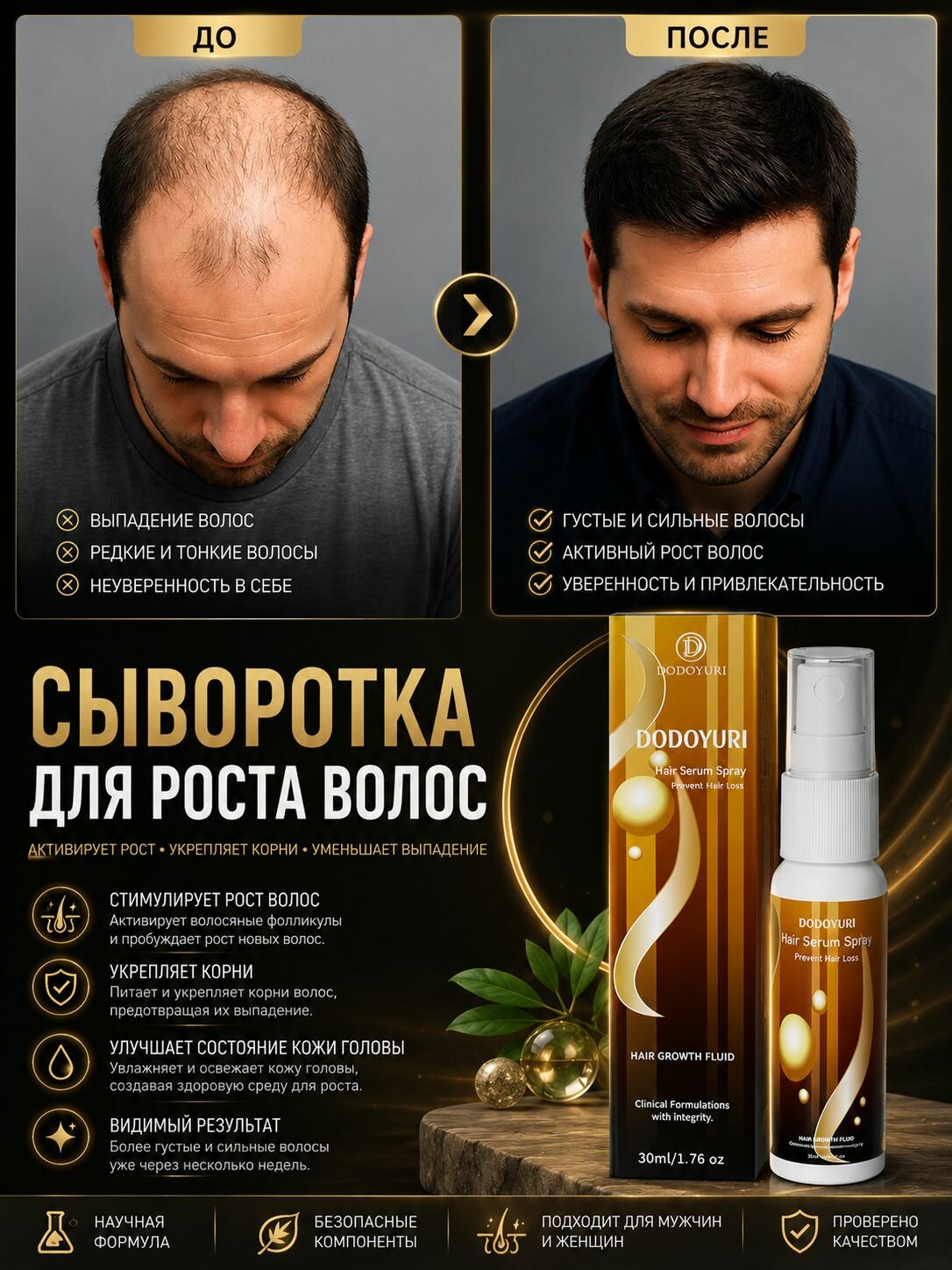 Спрей от выпадения и для роста волос с эффектом объёма, никотиновая кислота, перец, розмарин, алтея, 30 мл
