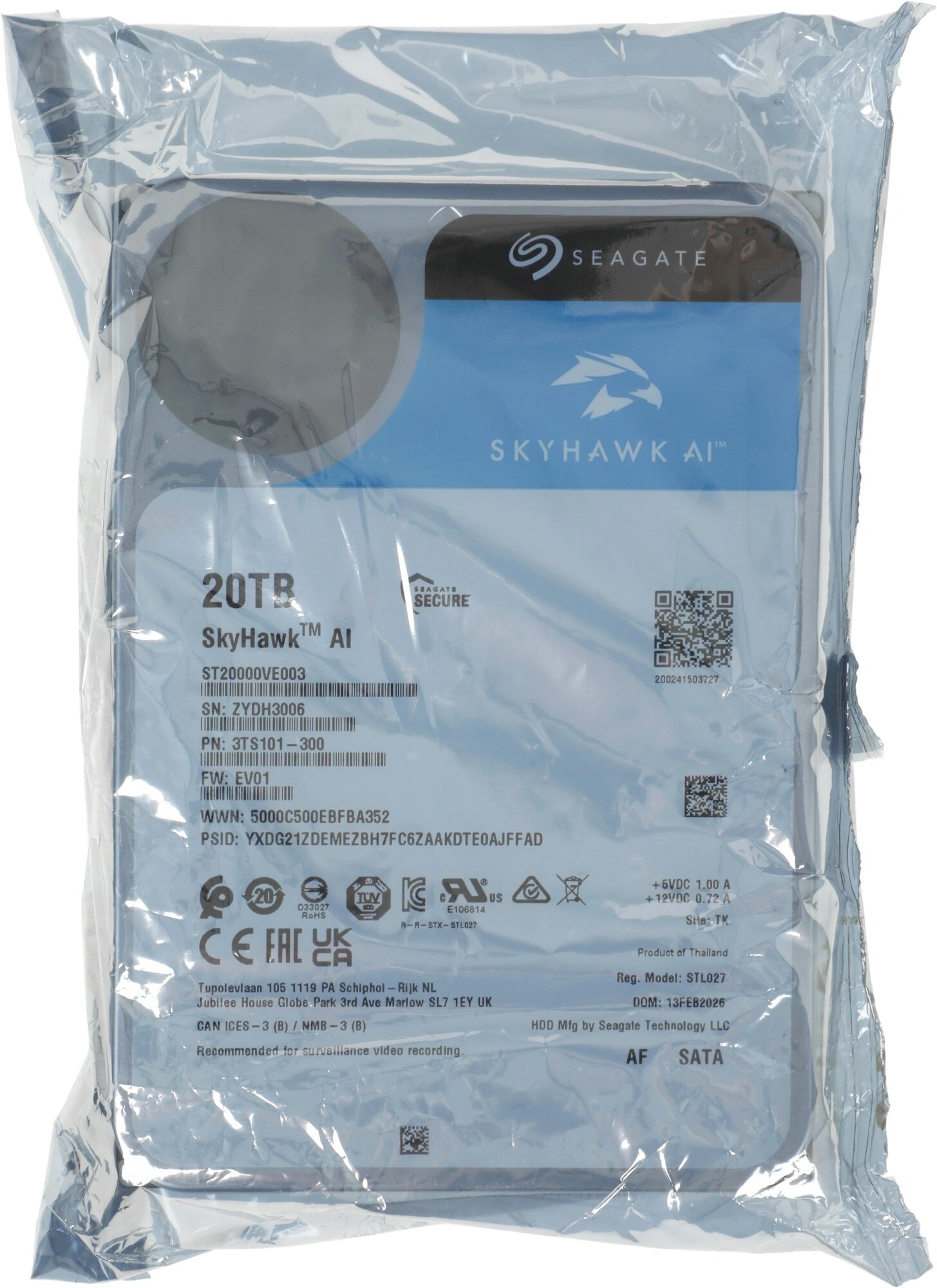 Жесткий диск Seagate SATA-III 20TB ST20000VE003 Surveillance SkyHawkAI 512E (7200rpm) 512Mb 3.5"