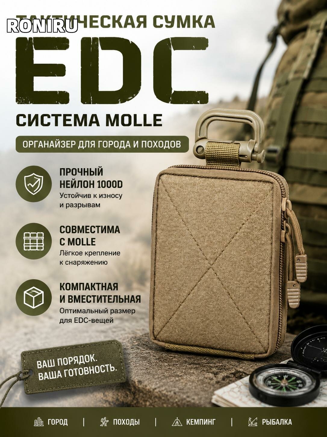 Тактическая сумка EDC с системой MOLLE, чехол для выживания из нейлона 1000D, городской и походный органайзер, хаки