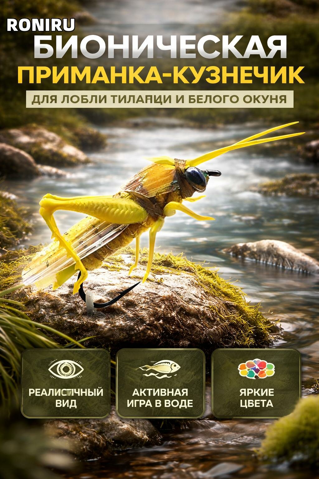 Бионическая приманка-воблер в виде кузнечика для ловли тилапии и белой полосатой рыбы — яркая искусственная наживка
