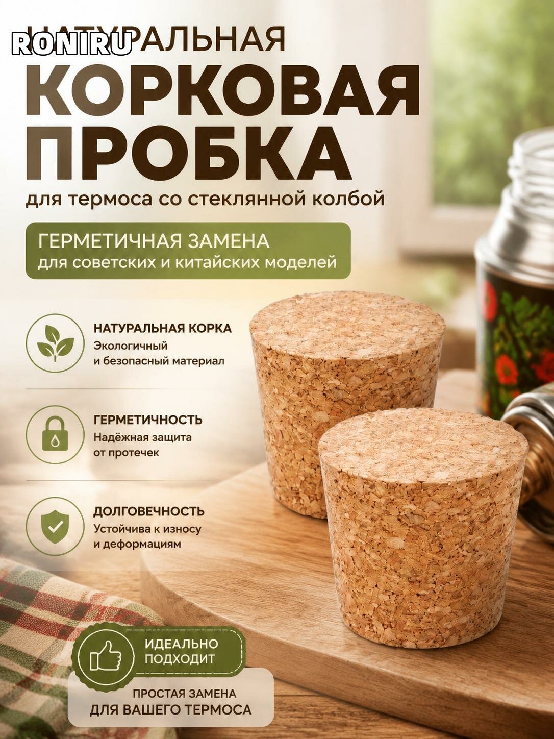 Натуральная корковая пробка для термоса со стеклянной колбой — герметичная замена для советских и китайских моделей
