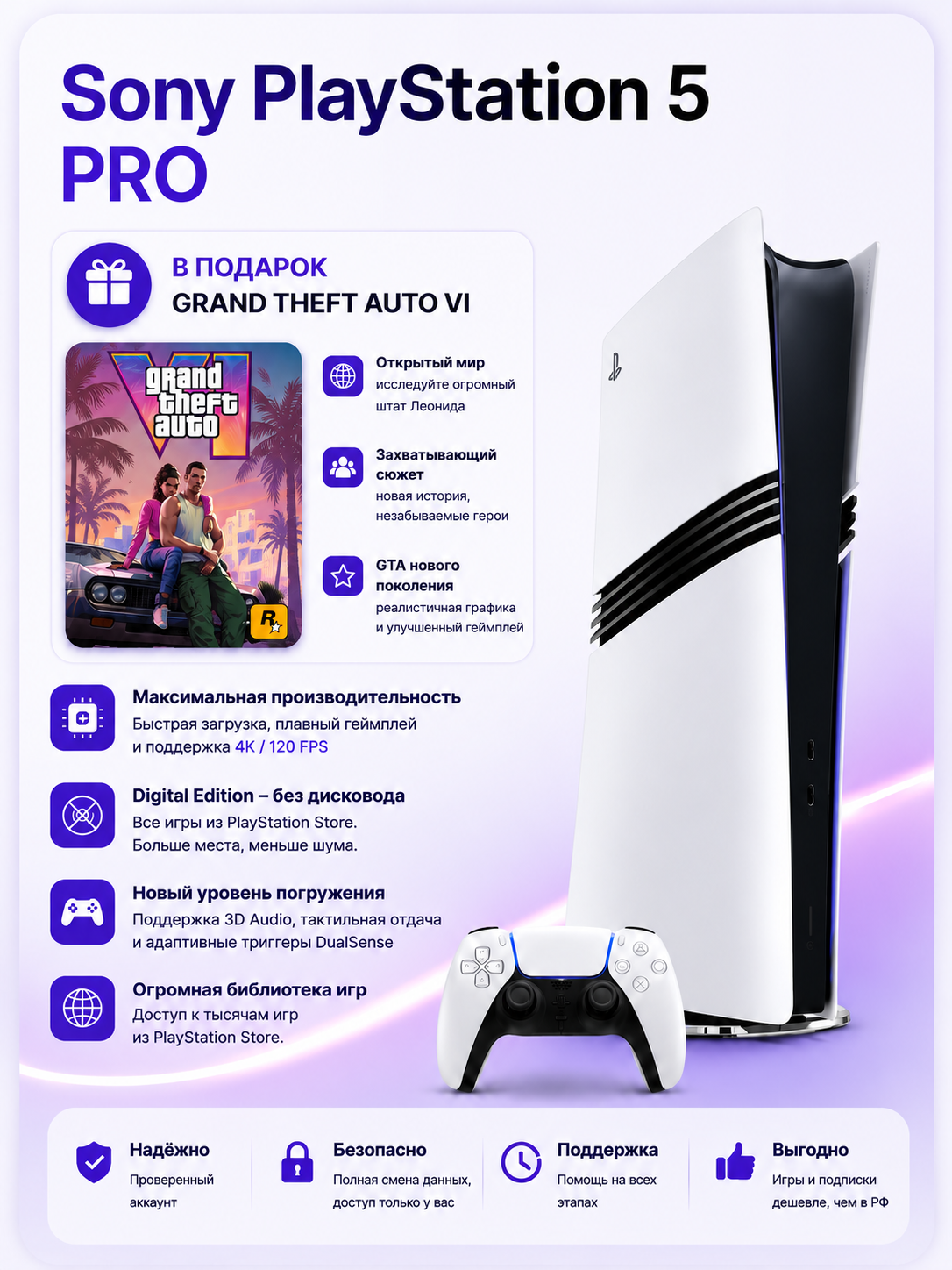 Игровая приставка Sony PlayStation 5 Pro Digital Edition , 2Tb Белый + игра GTA VI