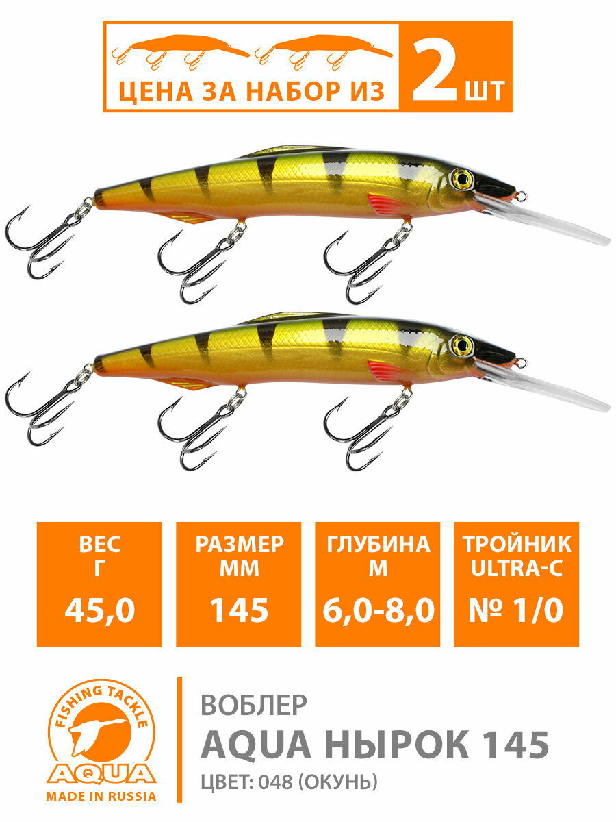 Воблер для рыбалки плавающий AQUA Нырок 145mm 45g заглубление от 6 до 8m цвет 048 2шт