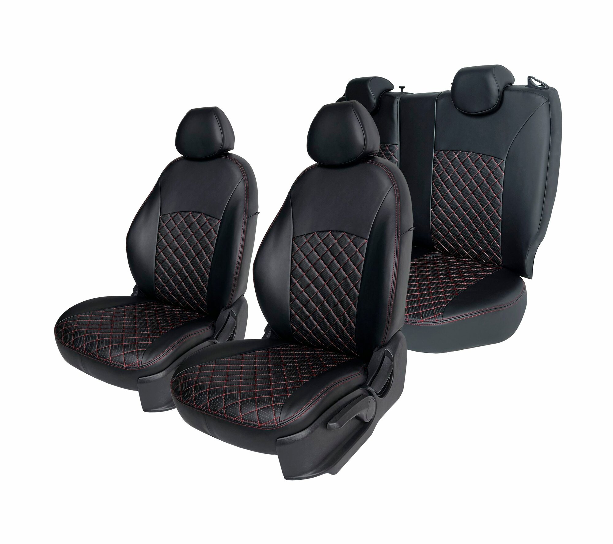 Авточехлы из экокожи для Шкода Октавия А7 с 2013-2020 г. в, без заднего подлокотника. Черная экокожа нить красная " ромб ".