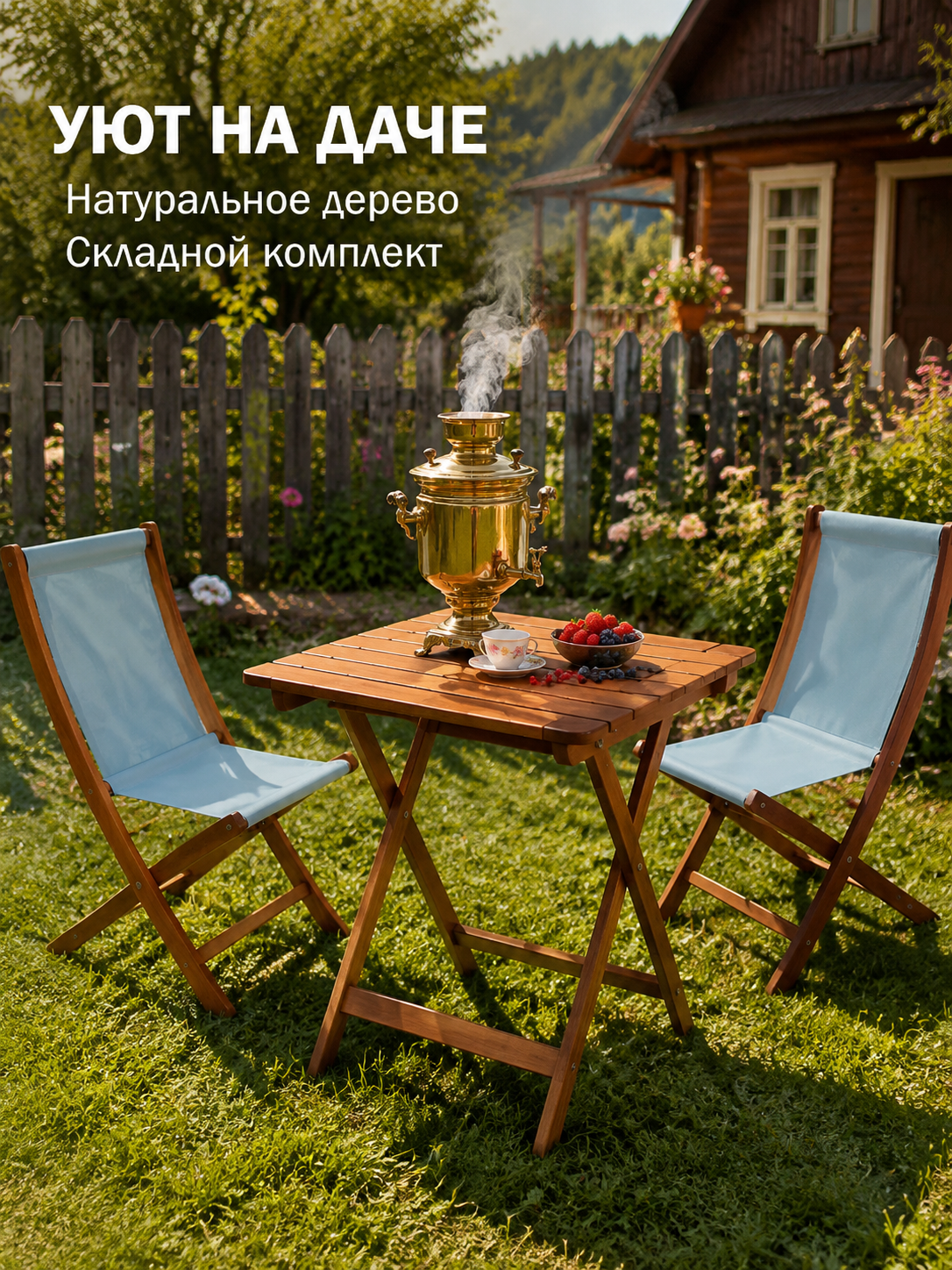 Складной комплект садовой мебели: стол тик + 2 стула синие, ножки тик