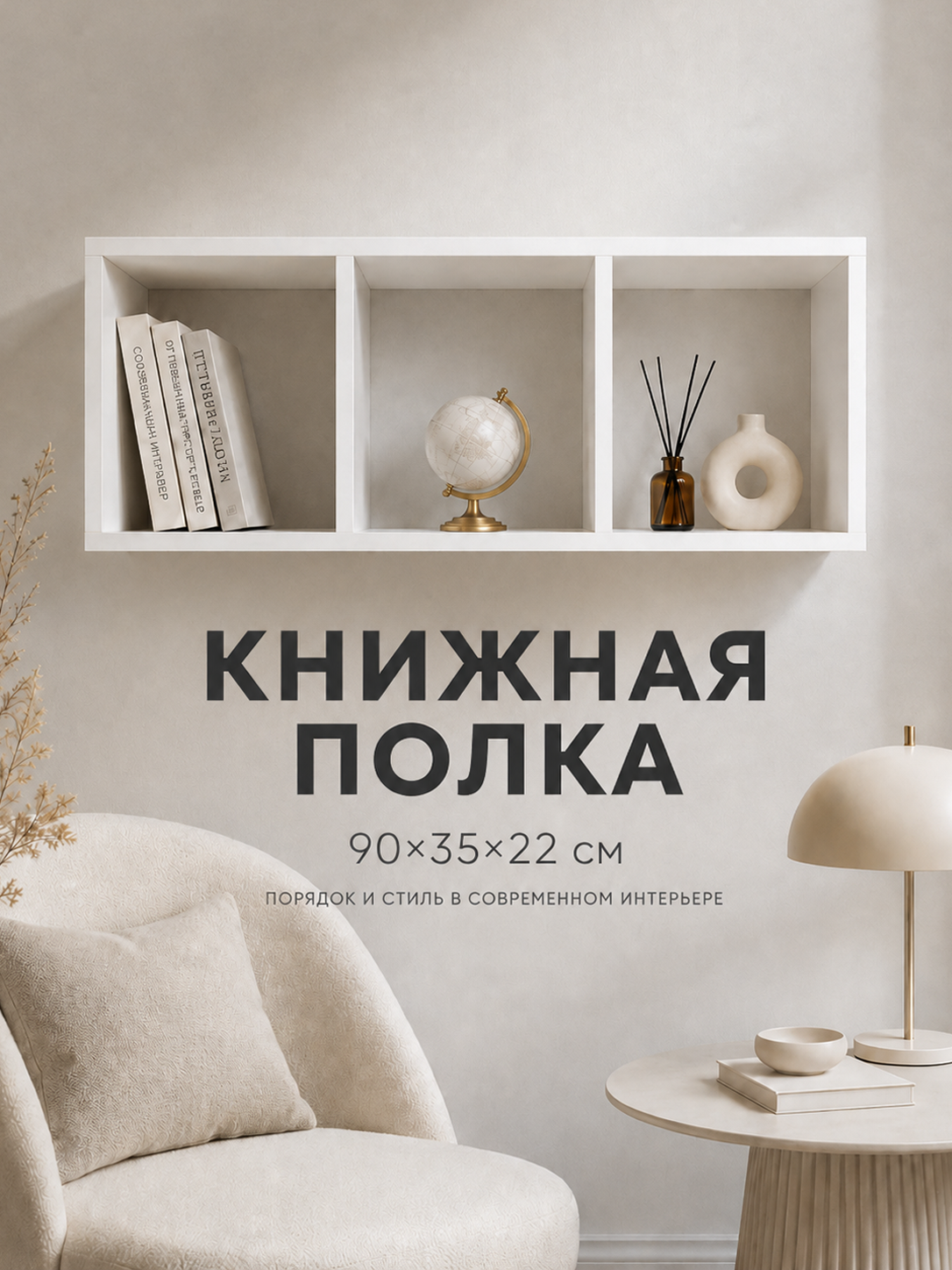 Полка настенная прямоугольная Линаура, 90 см, 3 секции, ЛДСП, белый