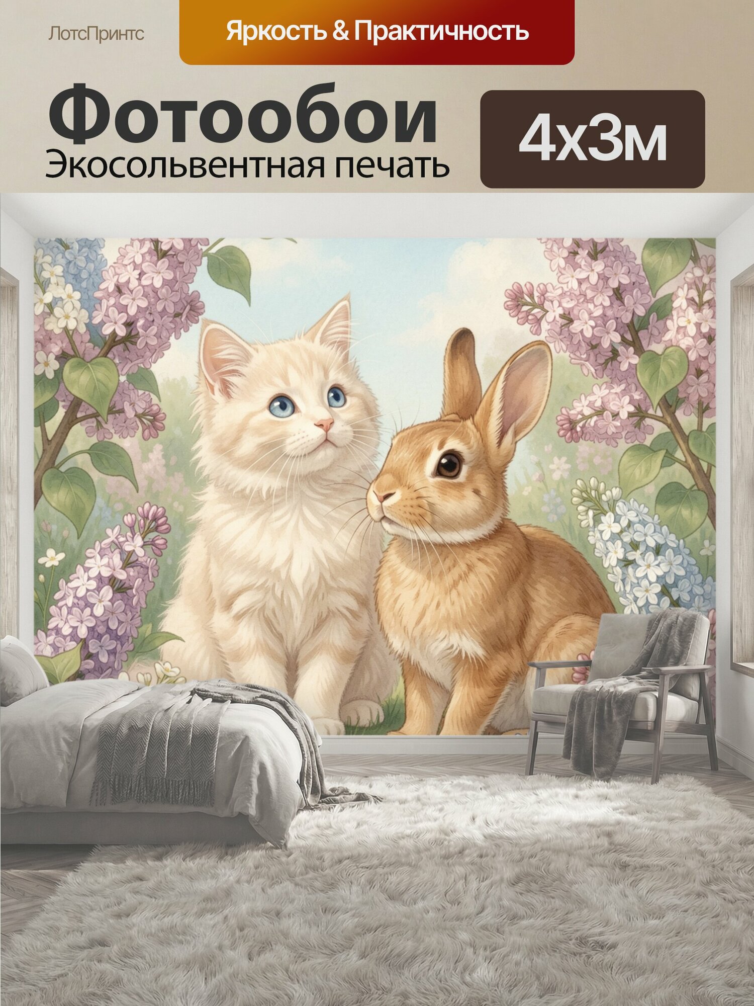 Фотообои "Котенок и кролик среди сирени. Нежная иллюстрация с белым пушистым котиком и рыжим зайцем в цветущем саду. Пастельные тона." 400x300 см. экосольвентная печать