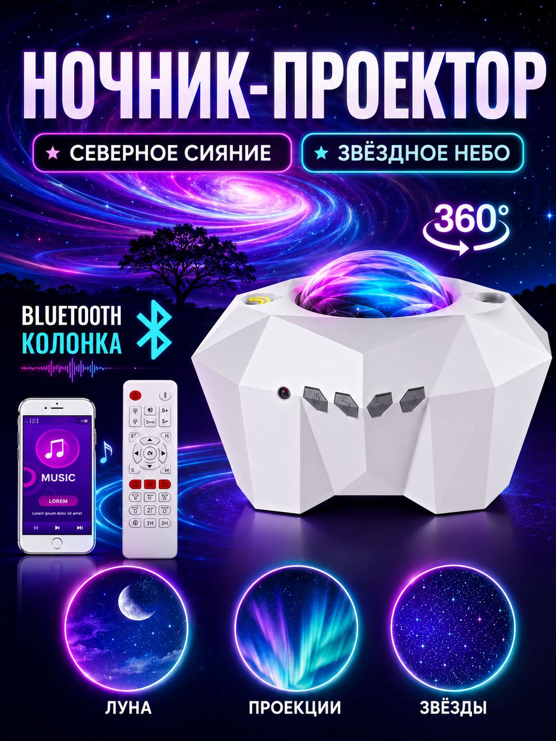 Ночник проектор звездного неба Аврора, Проектор светильник северного сияния для детской комнаты, Белый