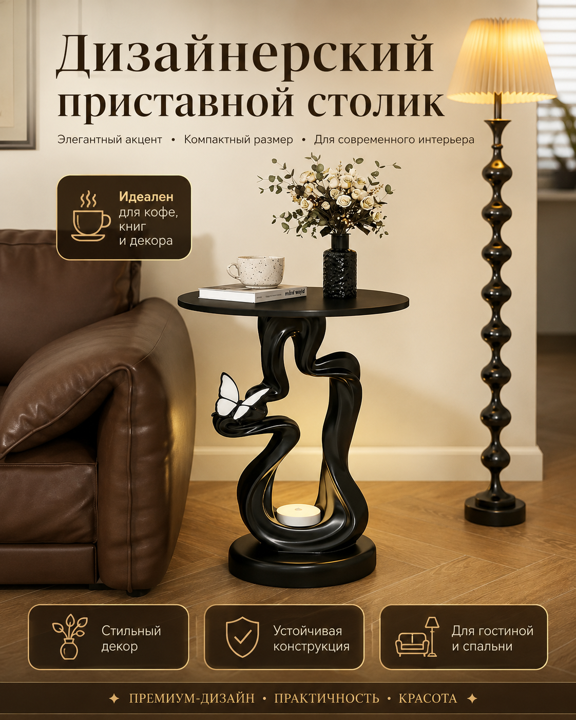 Черный приставной столик с изогнутой ножкой и декором бабочки, светильник с датчиком движения