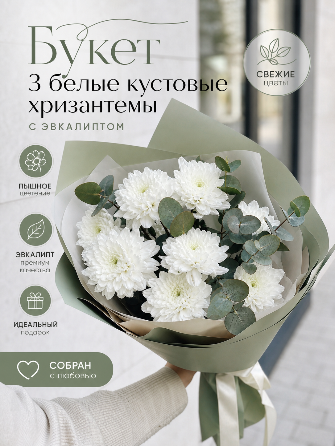 Букет 3 белые кустовые хризантемы с эвкалиптом, красивый букет из хризантем, живые цветы, белые цветы