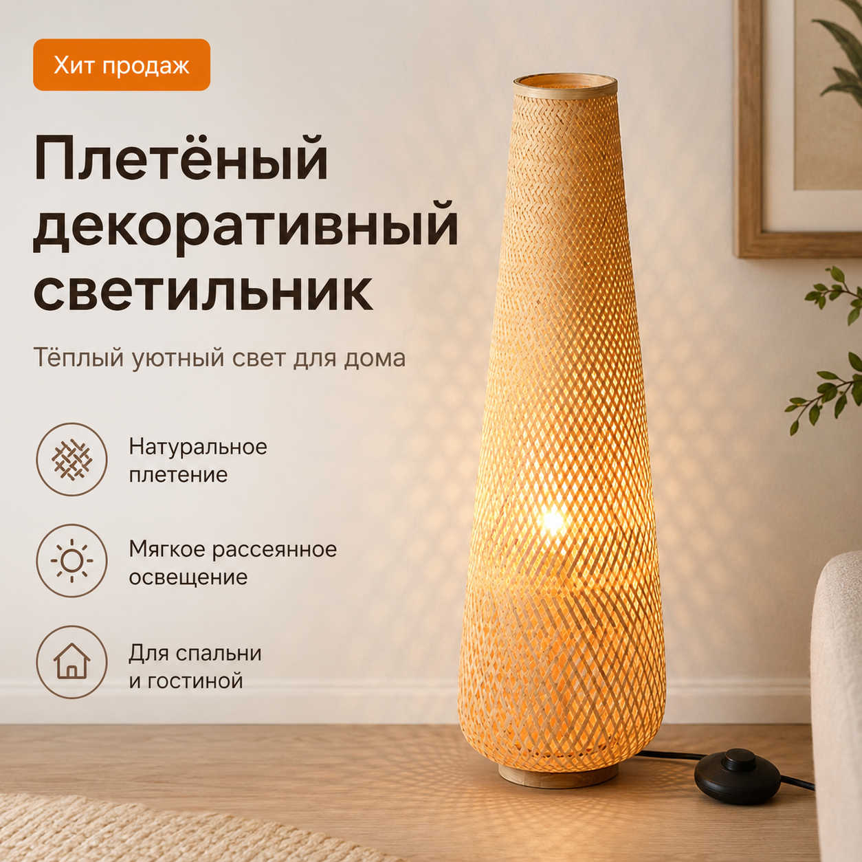 Напольный светильник Торшер лофт, абажур большой из плетеный бамбуковый, природный ротанг, с выключателем