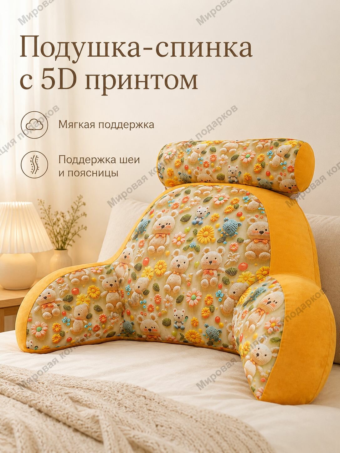 Мягкая спинка-изголовье с 5D объёмным принтом, для беременных, размеры 40x60/50x70/60x80 см, с подголовником (Цвет товара: dark yellow; Ширина: 50 см; Высота: 70 см)