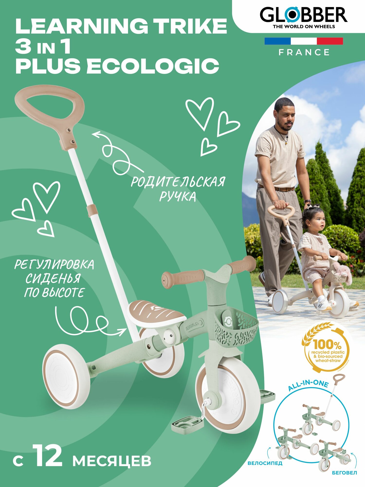 Трёхколёсный велосипед-беговел GLOBBER LEARNING TRIKE 3 in 1 PLUS ECOLOGIC