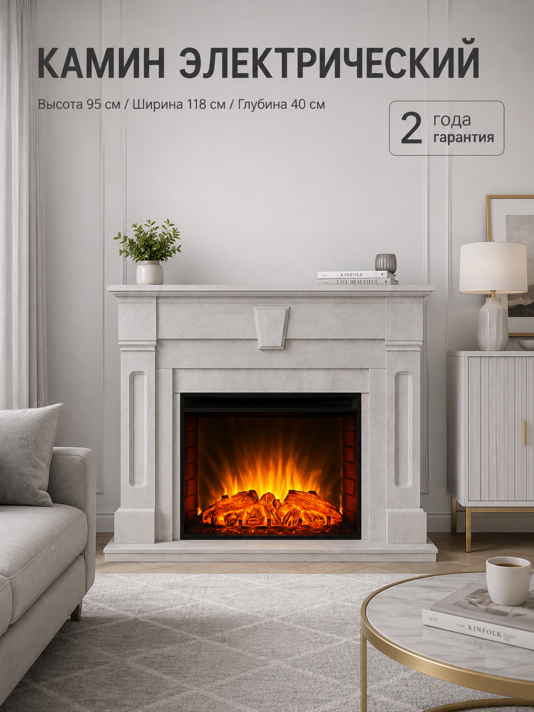 Электрокамин RealFlame Kellie 26 WT c Evrika 25,5, панорамное стекло, обогрев, звуковой эффект, пульт ду