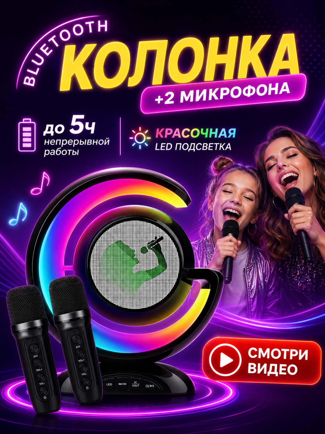 Беспроводная Bluetooth колонка караоке с 2 микрофонами, Портативная мини колонка с LED подсветкой, Черный