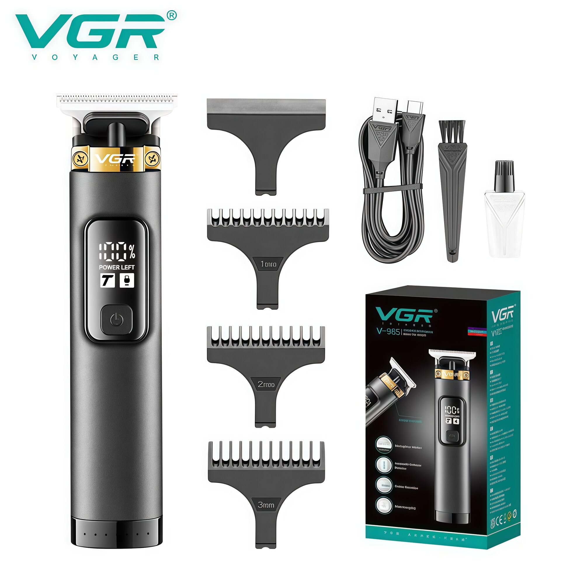 Триммер VGR V-985, с турборежимом, LED-дисплей, 3 насадки, черный