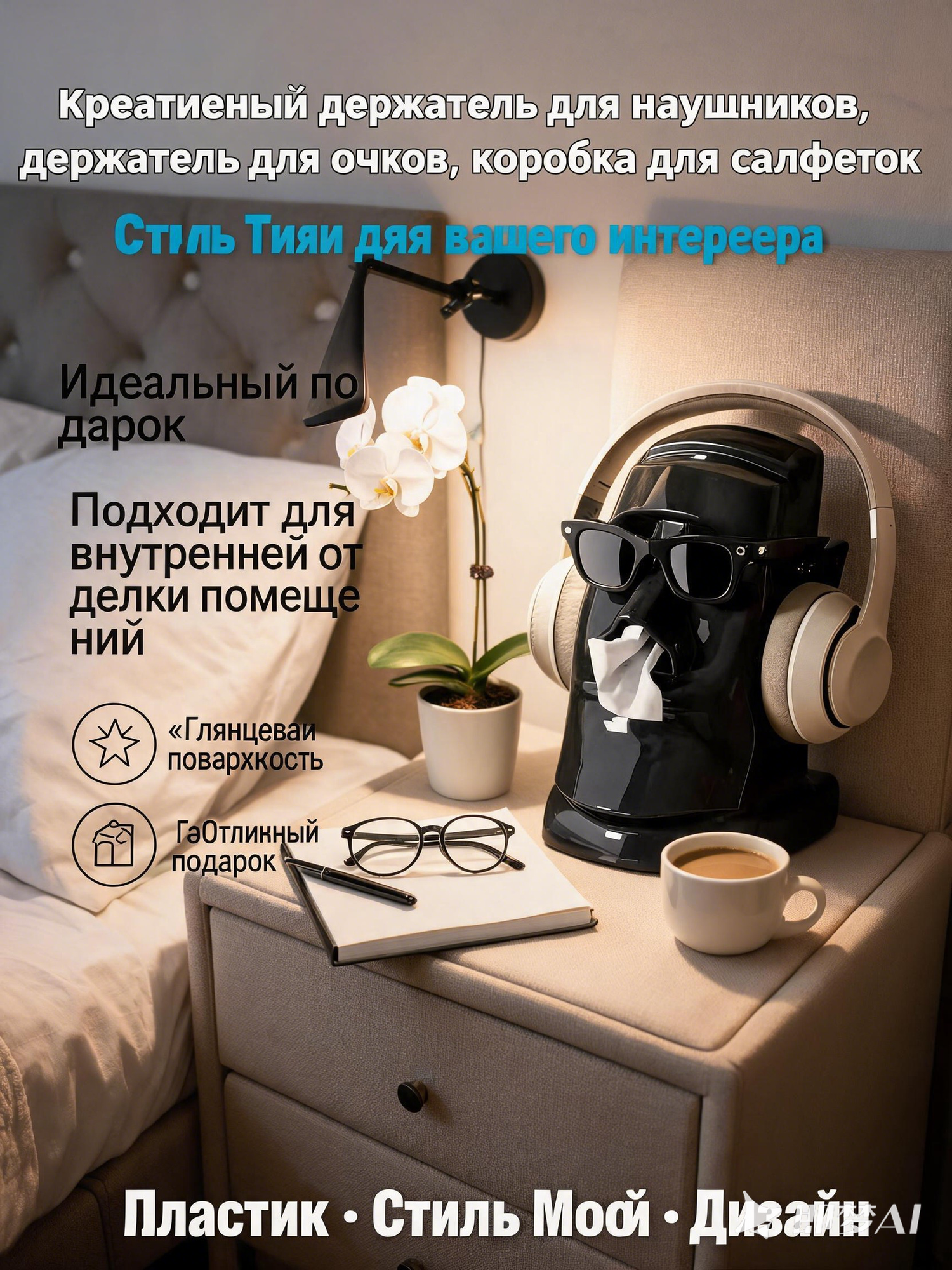 Многофункциональная подставка для наушников + оправа для очков + коробка для салфеток, черное, модный стиль global